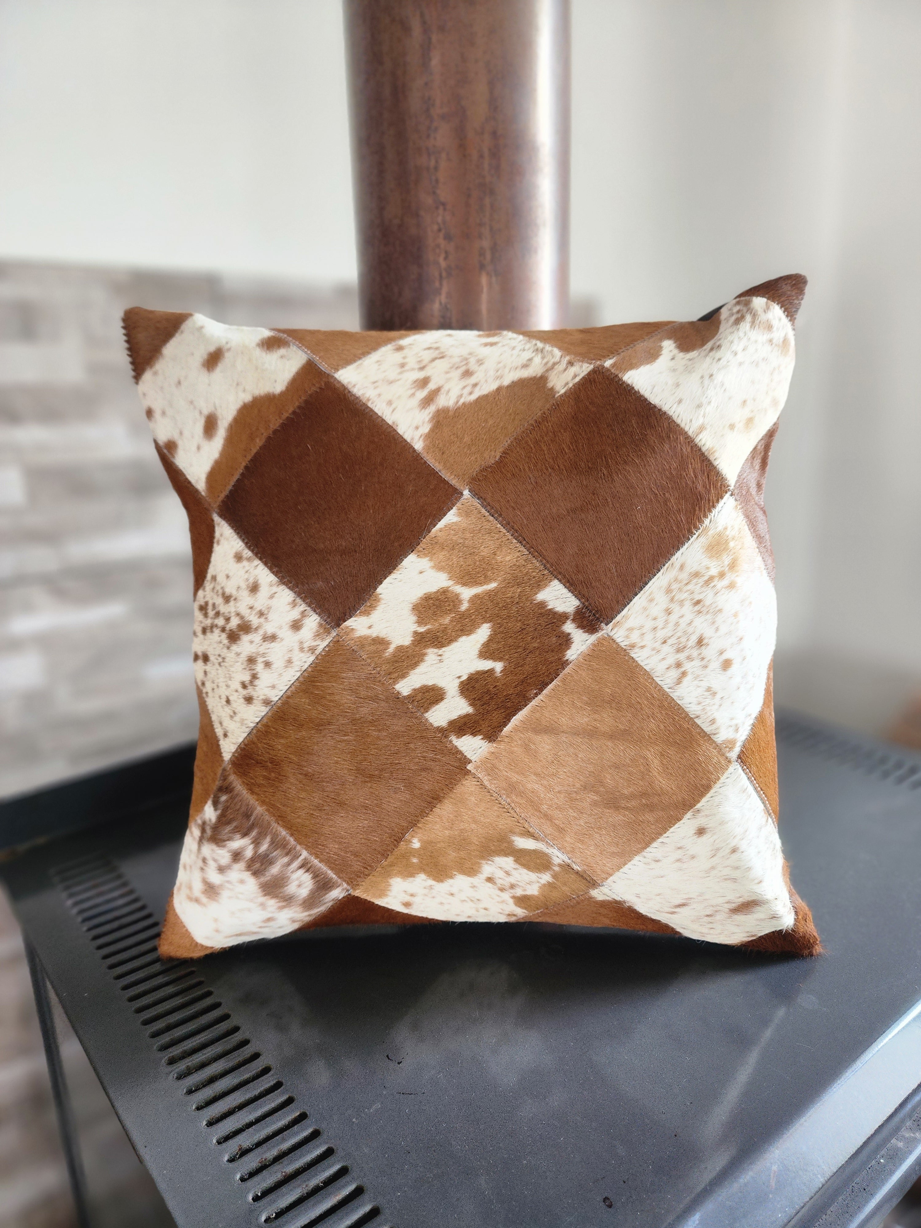 Cowhide cushion- Tan patch work – Homer and Hide